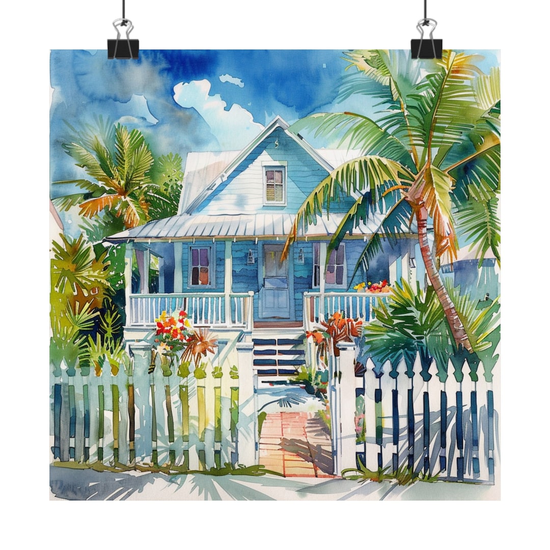 Key West Cottage Art Print, Florida Keys Watercolor Painting, Tropical ...