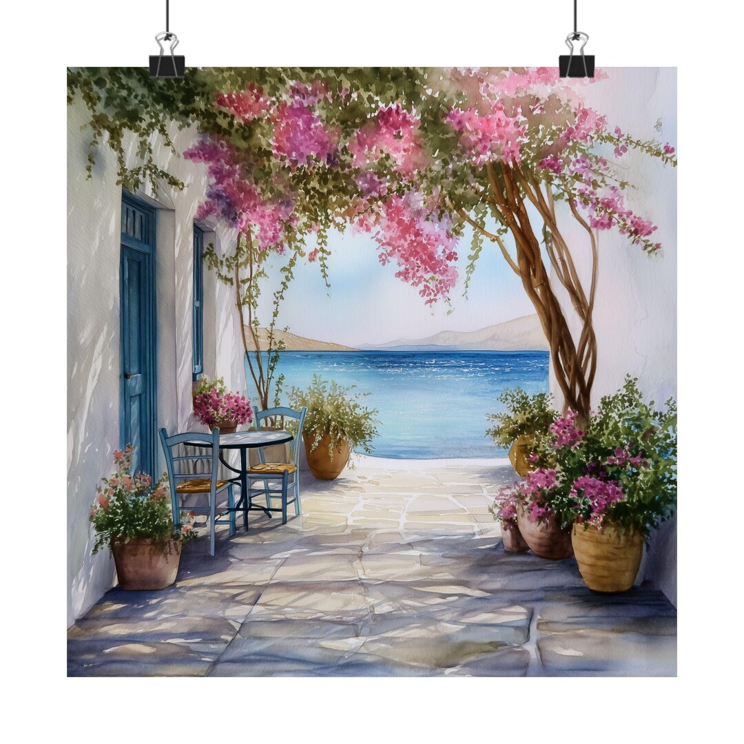Paros Art, Greece Watercolor Painting, Seascape Print, Blue Door Art ...