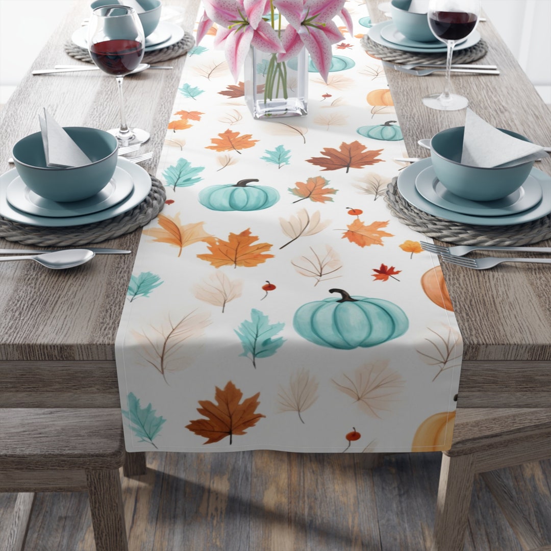 Blue Pumpkin Table Runner, Fall Leaves Dining Decor, Thanksgiving Home ...