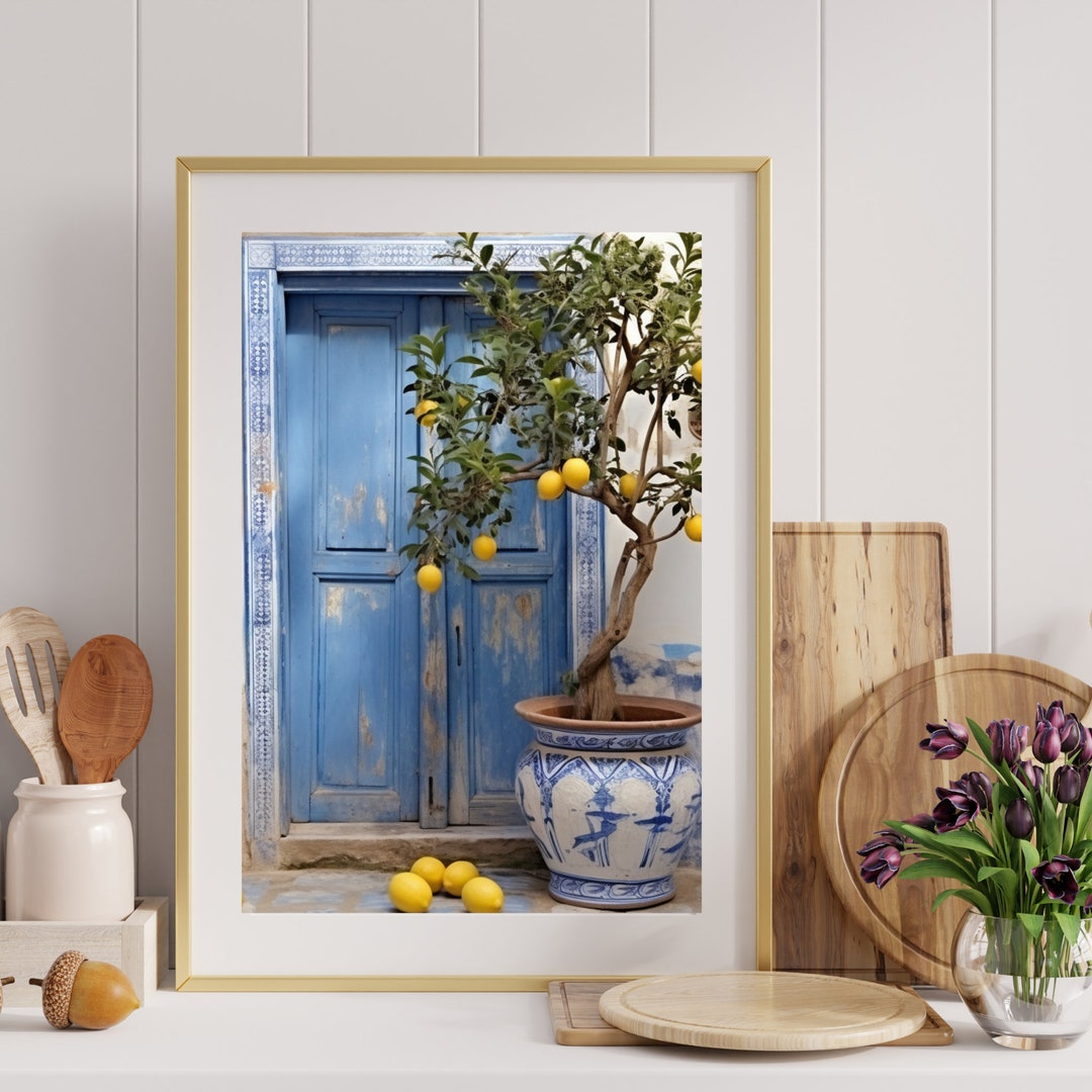 Mediterranean Lemon Tree Wall Art, Rustic Blue Door Mosaic and Lemons ...