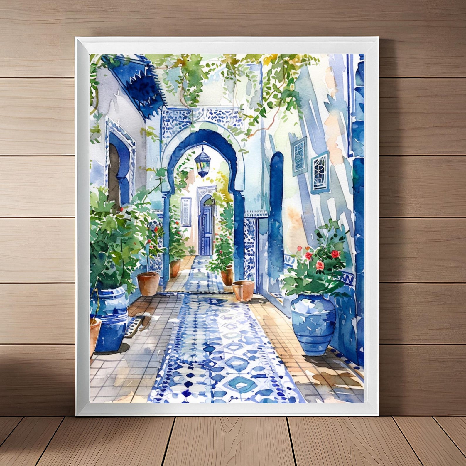 Morocco Watercolor Print, Moroccan Blue Tile Doorways Art Print ...