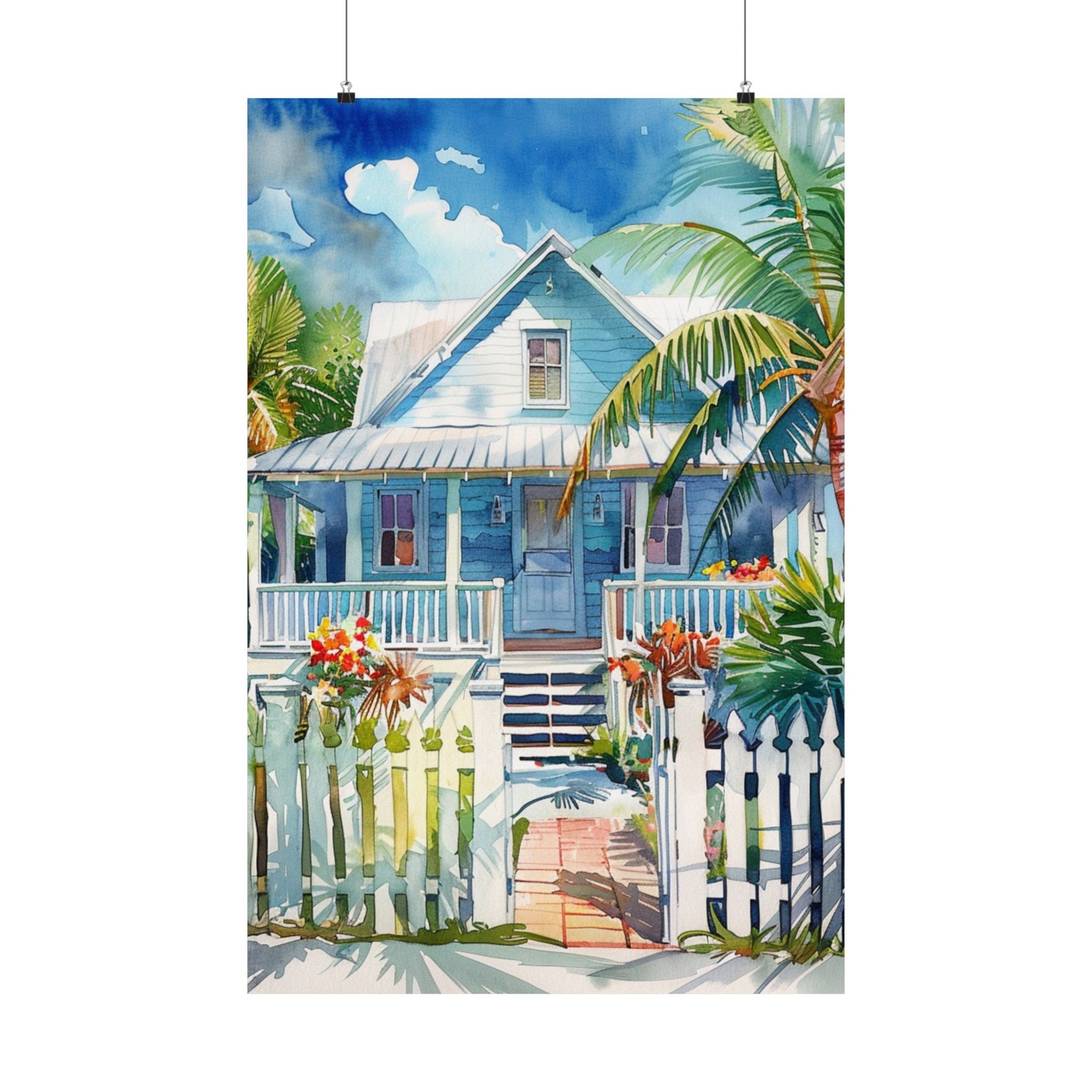 Key West Cottage Art Print, Florida Keys Watercolor Painting, Tropical ...