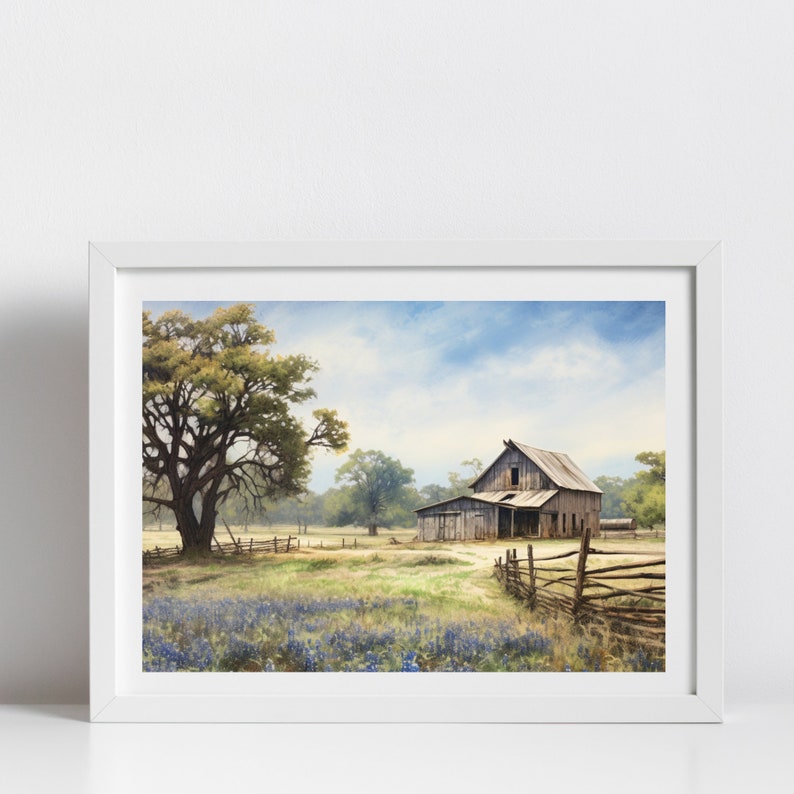 Farmhouse Bluebonnet Barn Wall Art, Rustic Print, Blue Flowers, Country ...