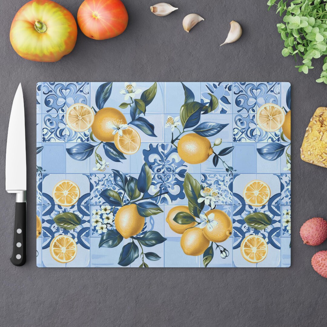 Amalfi Lemon Tiles Cutting Board: Blue and Yellow Italian Kitchen Decor ...