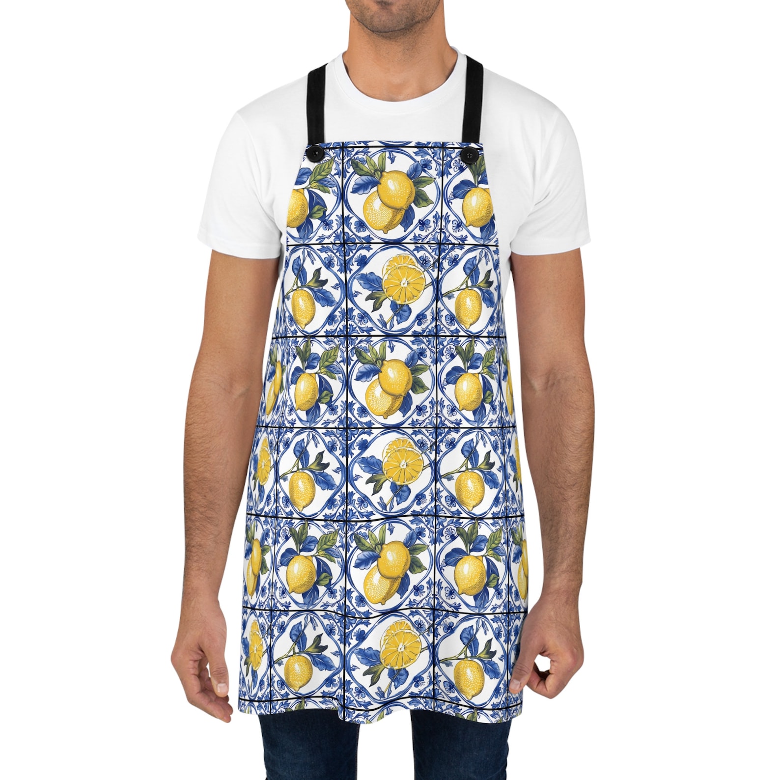 Italian Apron, Lemons and Blue Tile Kitchen Apron Spring Baking Apron ...