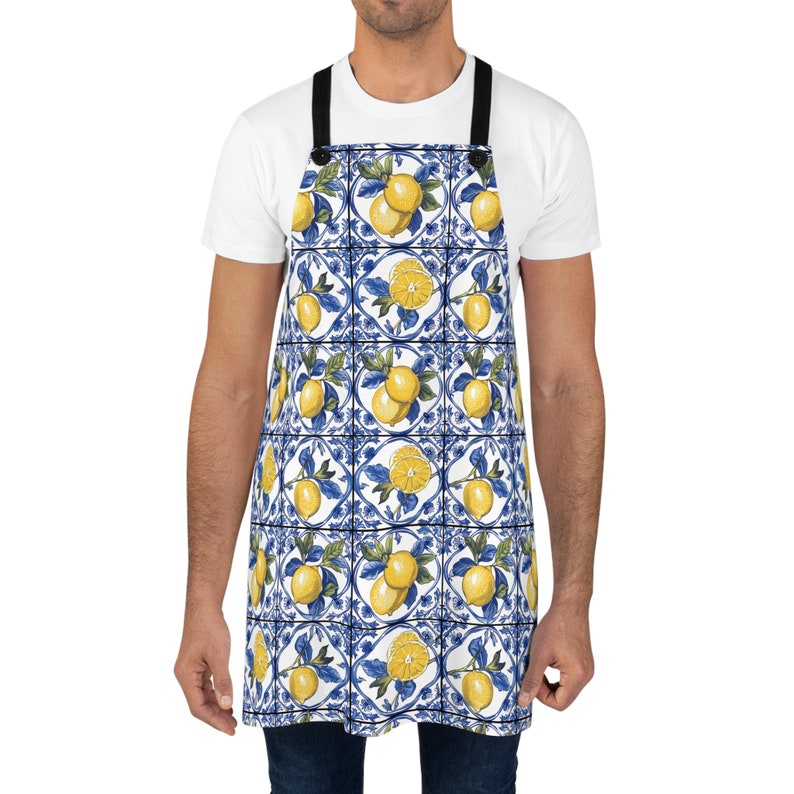 Italian Apron Lemons and Blue Tile Kitchen Apron Spring Baking Apron ...