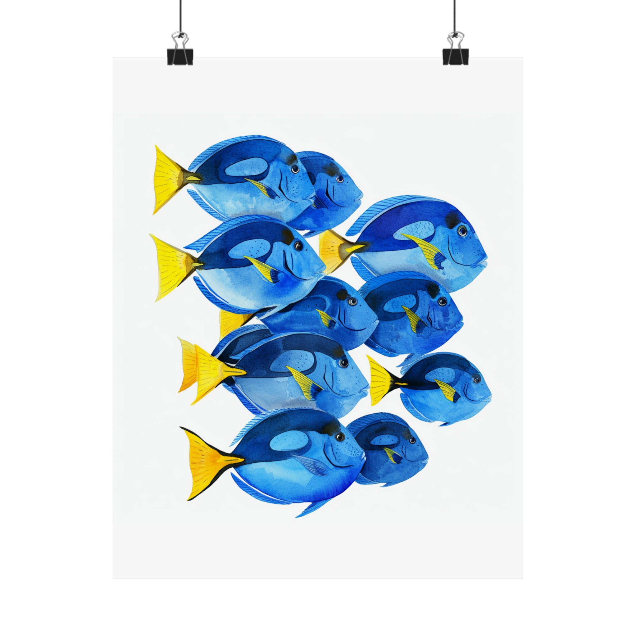Royal Blue Tang Fish Print, Blue and Yellow School of Fish Watercolor ...