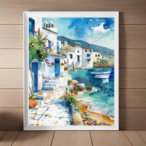 Greece Painting Seascape Watercolor Print, Greek Island Wall Art ...