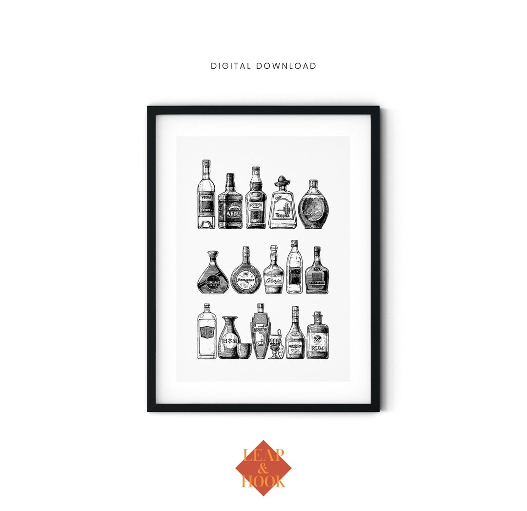 Retro Bar Cart Decor, Bar Cart Wall Art, Alcohol Prints, Bar Cart ...