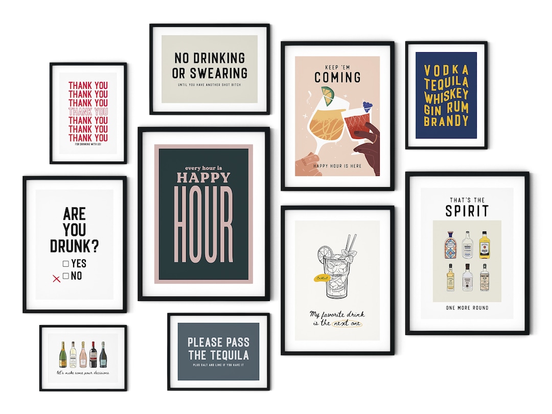 Bar Art Gallery Wall Set of 10 Prints, Funny Bar Cart Decor, Bar Cart ...
