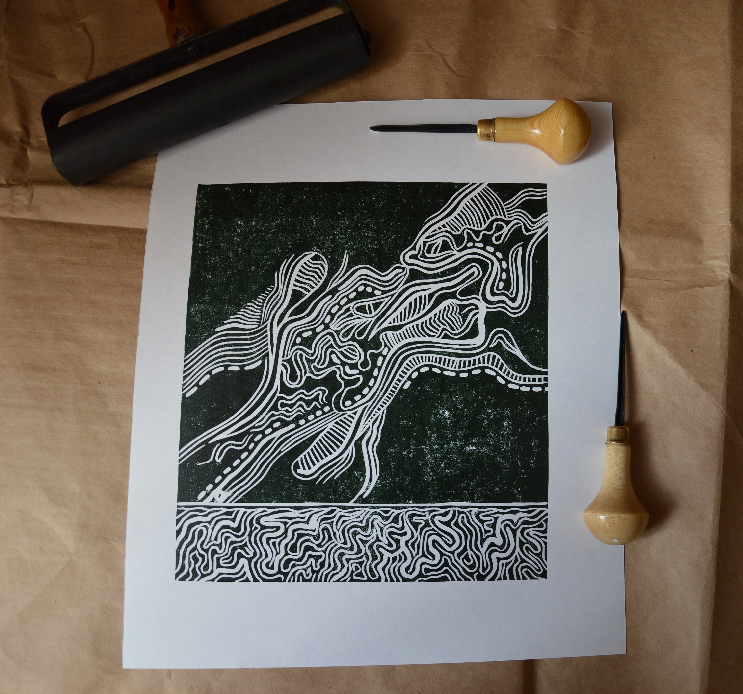 Linocut abstract representation of the sea depths | Etsy