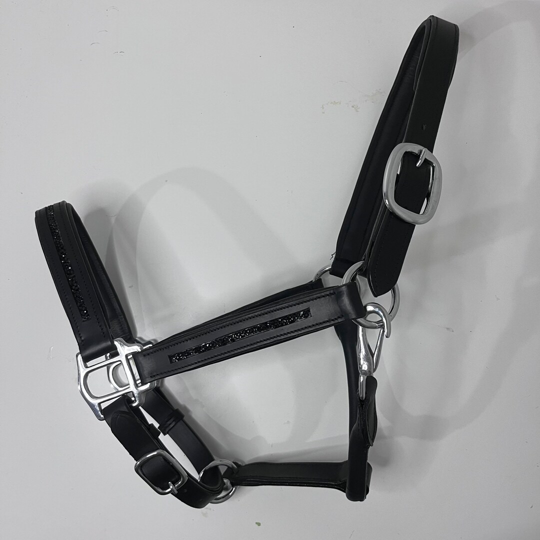 Jet Black Crushed Diamanté Crystal Leather Horse Cob Pony Padded ...