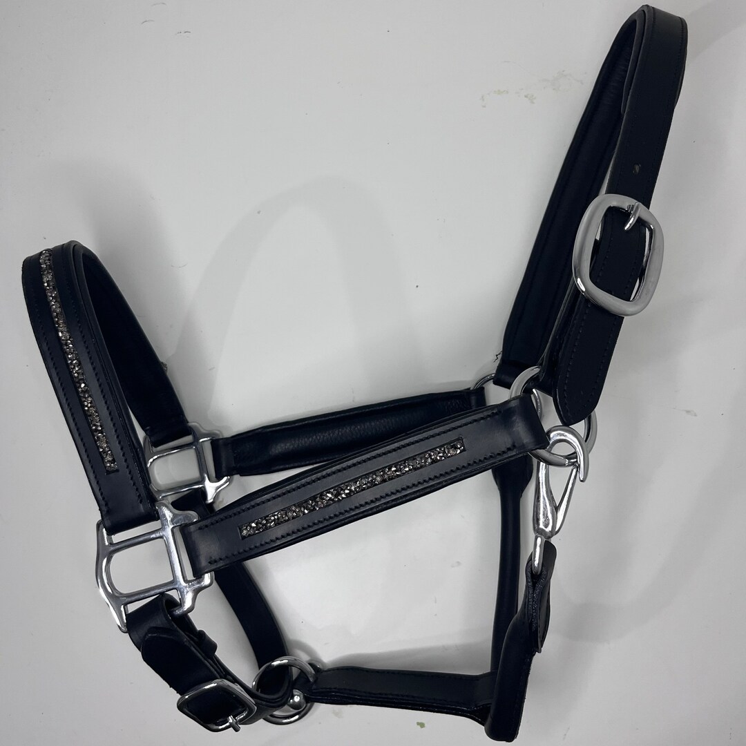 Grey Crushed Diamanté Crystal Leather Horse Cob Pony Padded Headcollar ...