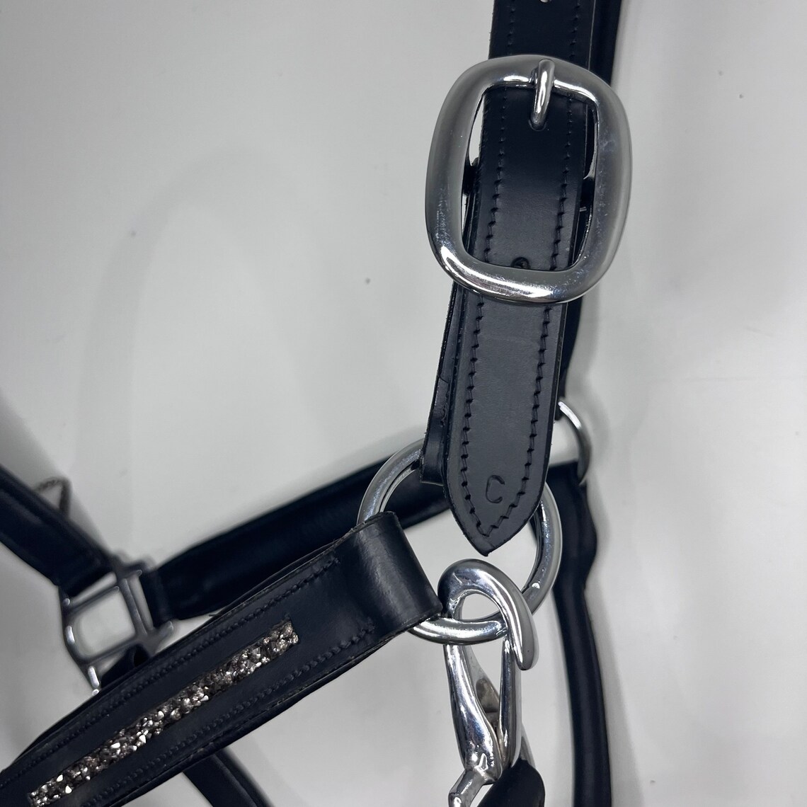 Grey Crushed Diamanté Crystal Leather Horse Cob Pony Padded Headcollar ...
