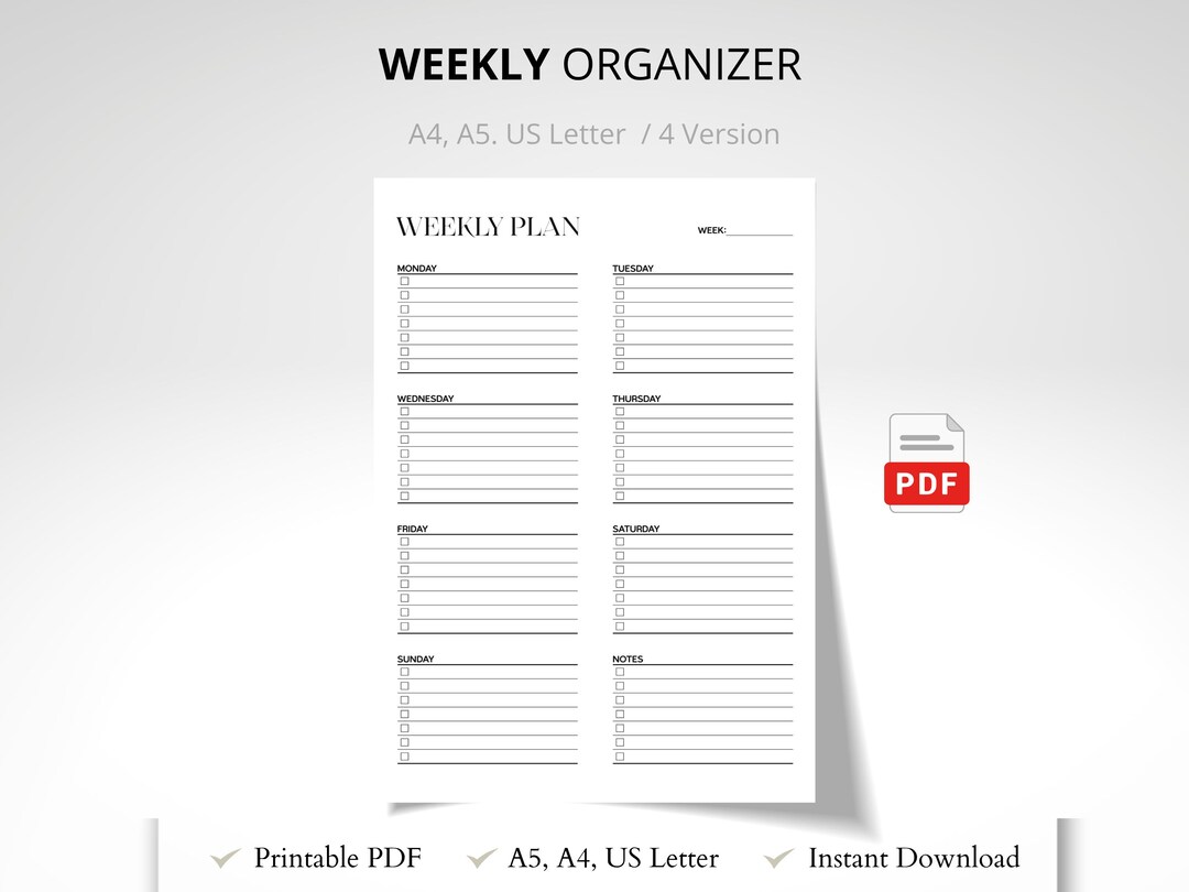 Weekly Planner Printable PDF, Weekly Organizer Template, A4 A5 US ...