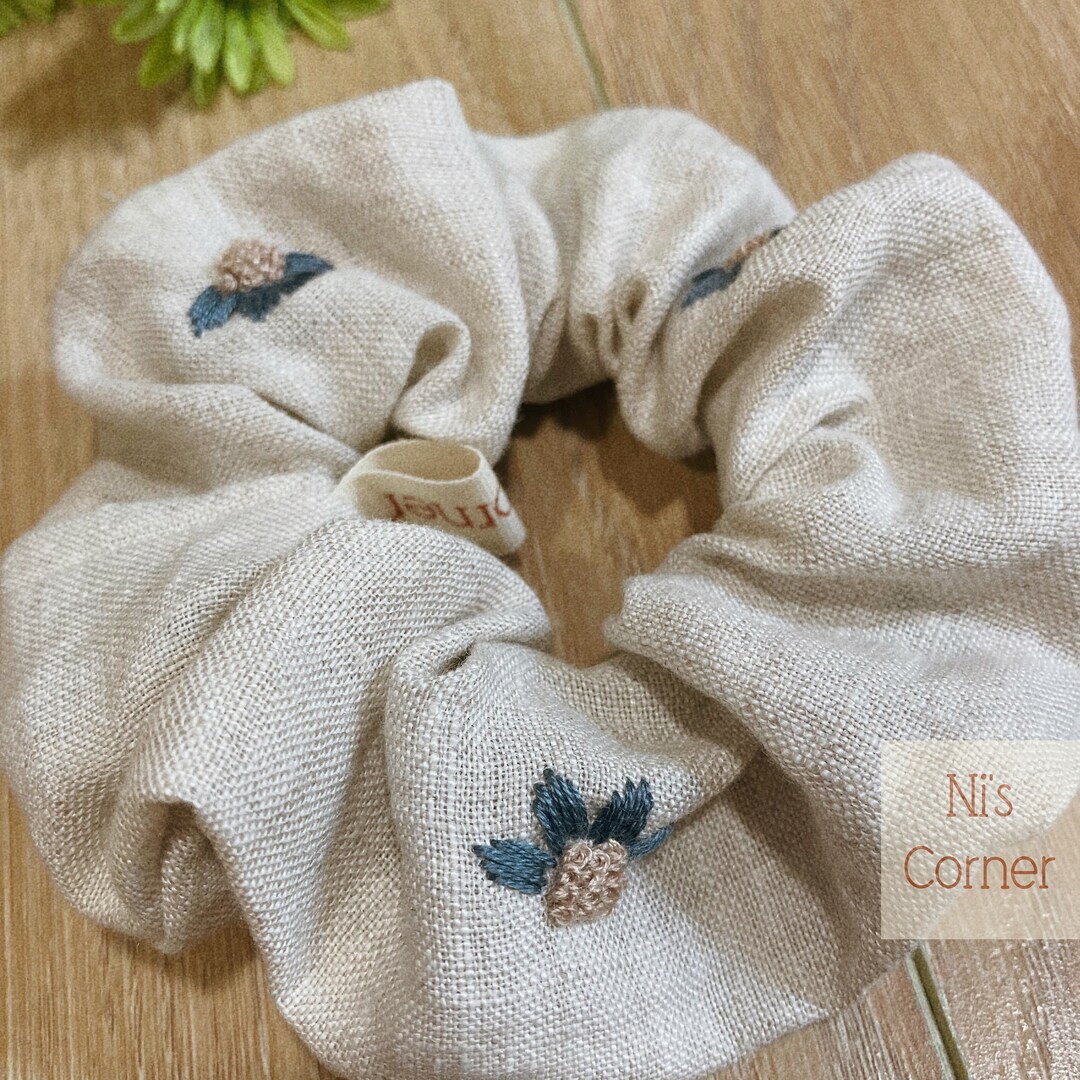 Hand Embroidery Blue Flower Pattern Linen Scrunchie Hair - Etsy