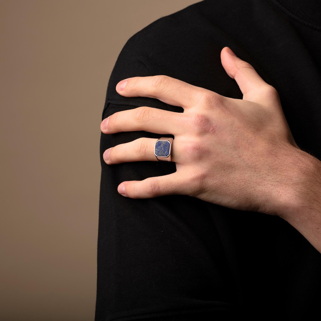 Lapis Lazuli Stone Ring, Blue Signet Stone Ring for Men and Women, Personalised Silver Signet ...