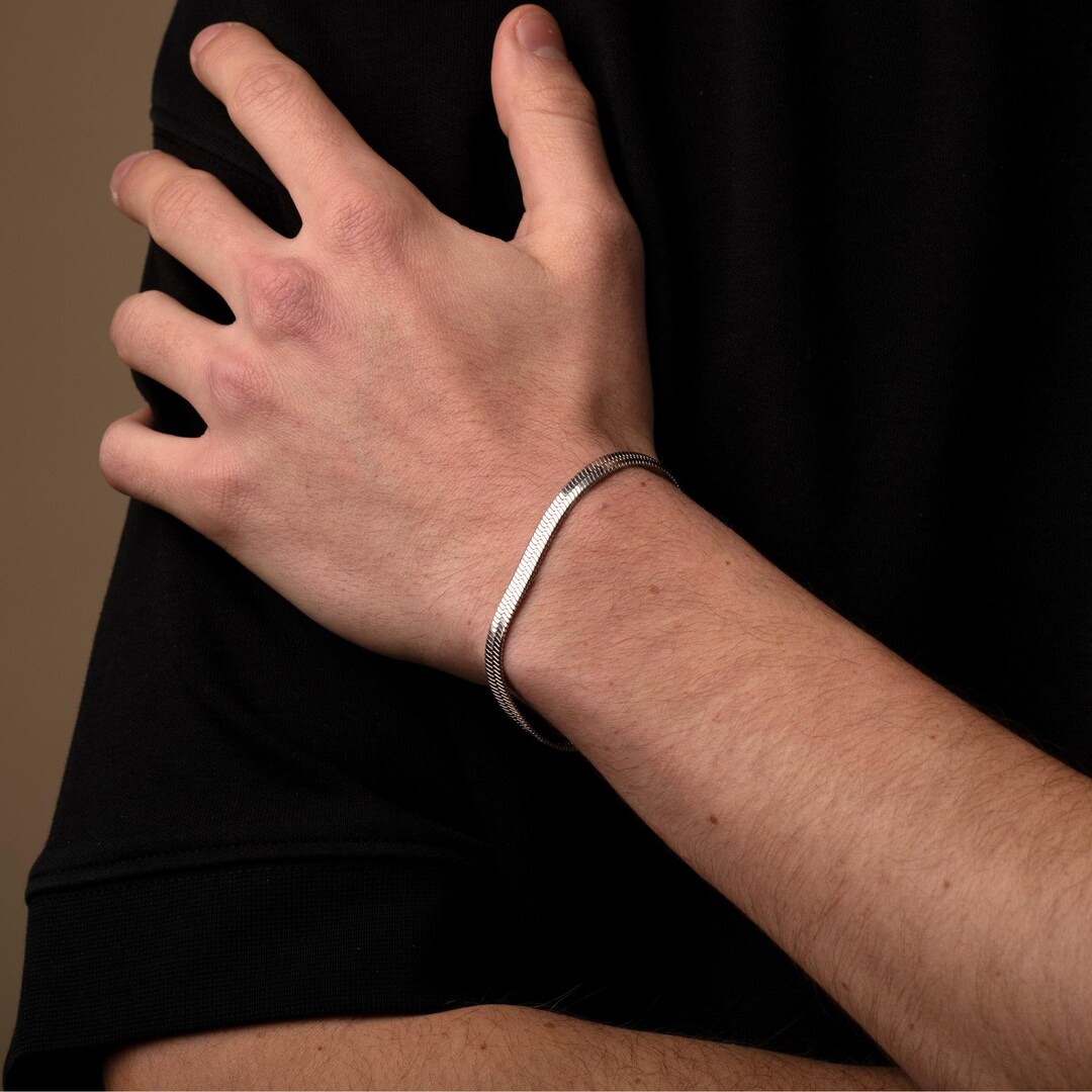 Flat 5MM Herringbone Silver Bracelet, Personalised Bracelet for Men and ...