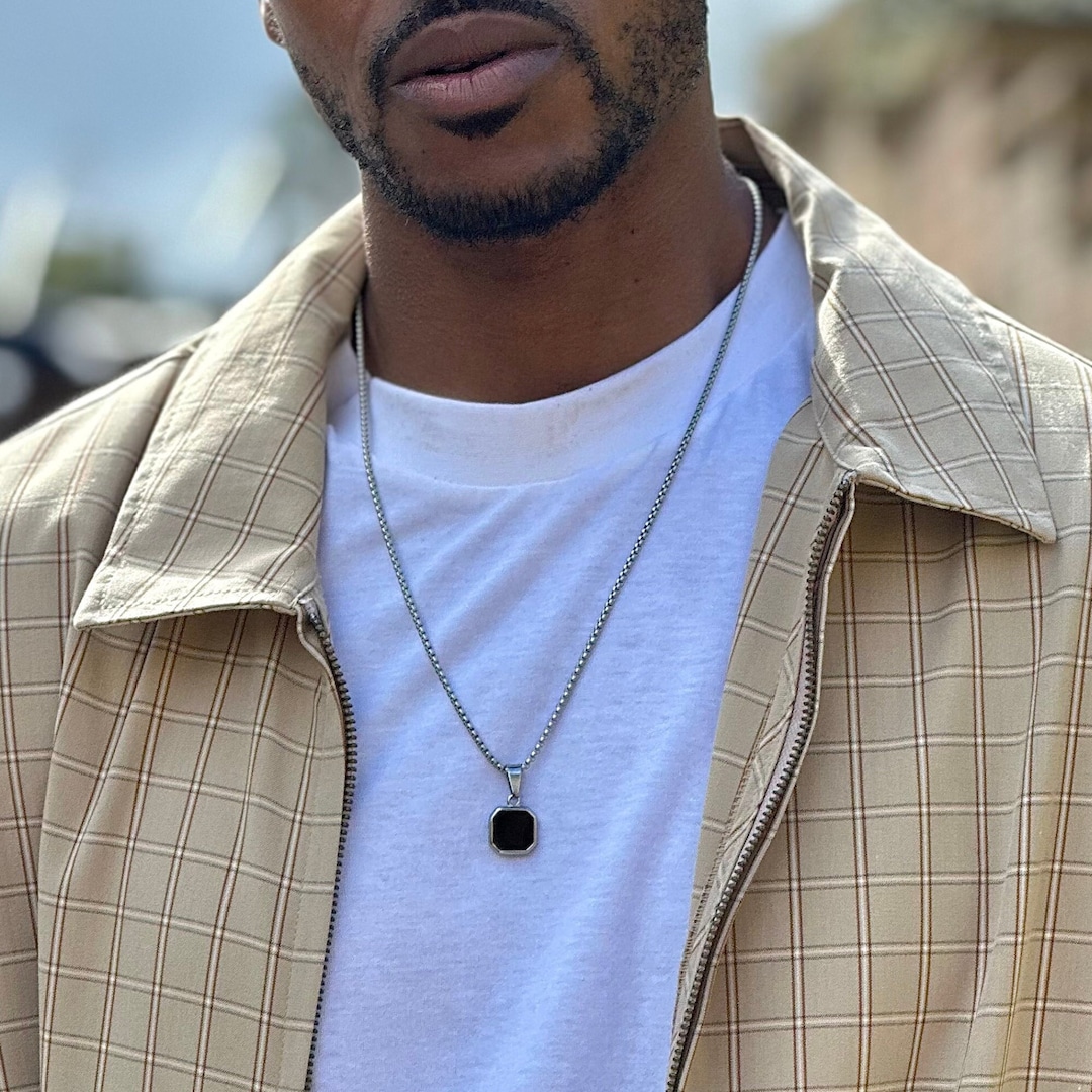 Mens Silver Chain Necklace Pendant, Silver Onyx Stone Pendant Necklace ...