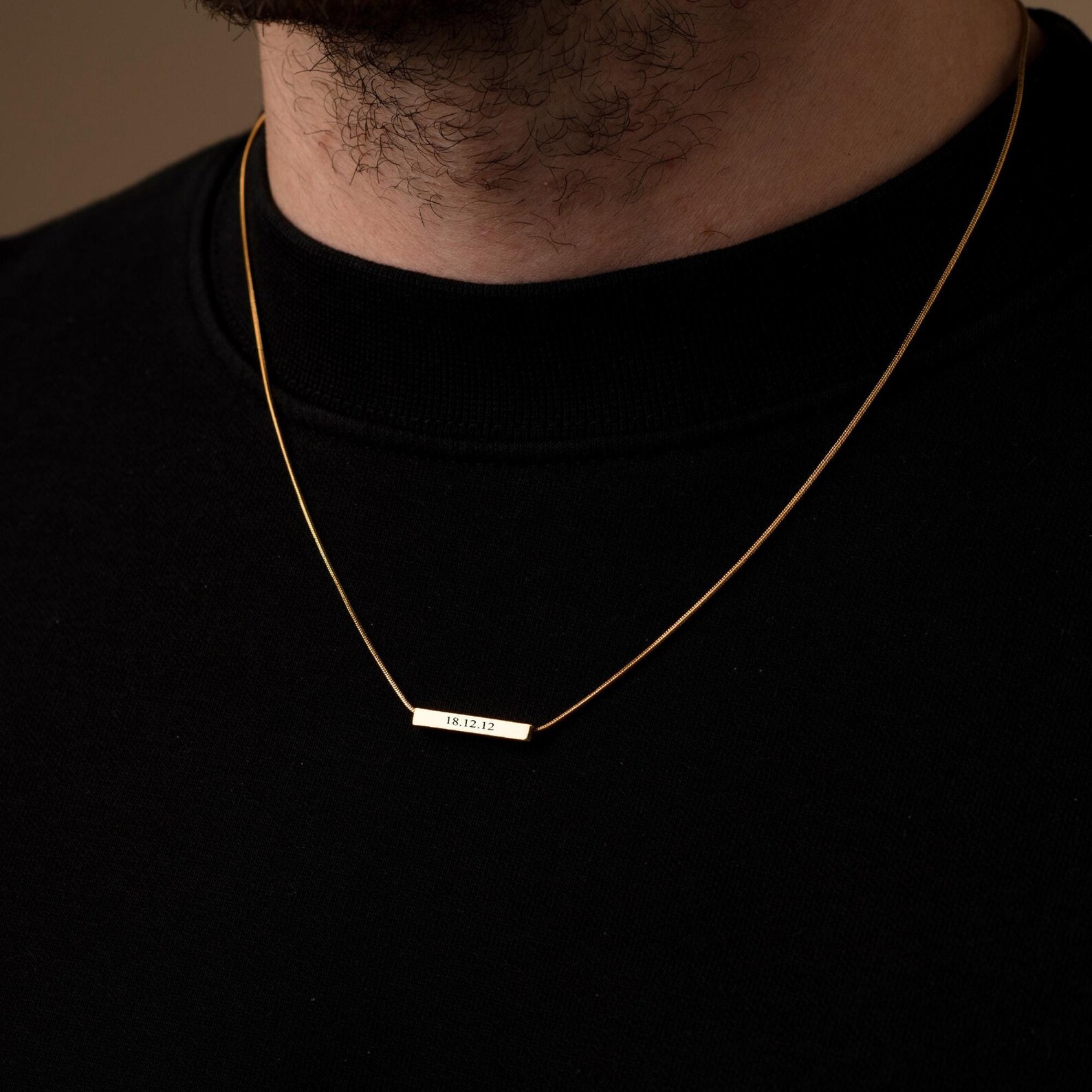 Personalised Horizontal 18k Solid Gold Bar Necklace, Engrave 4 Sides ...