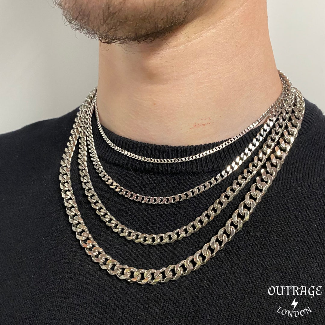 Silver Curb Necklace Chain Choker Curb Stainless Steel Mens Silver ...