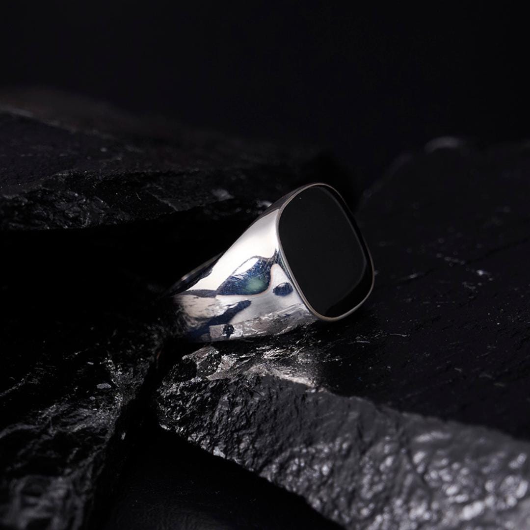Onyx Stone Signet Ring With Engraving, Personalised Mens Name Dates ...