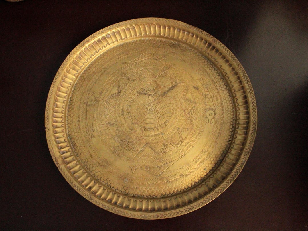 Vintage Brass Engraved Plate – Antique Brass Serving Plate for Vintage ...