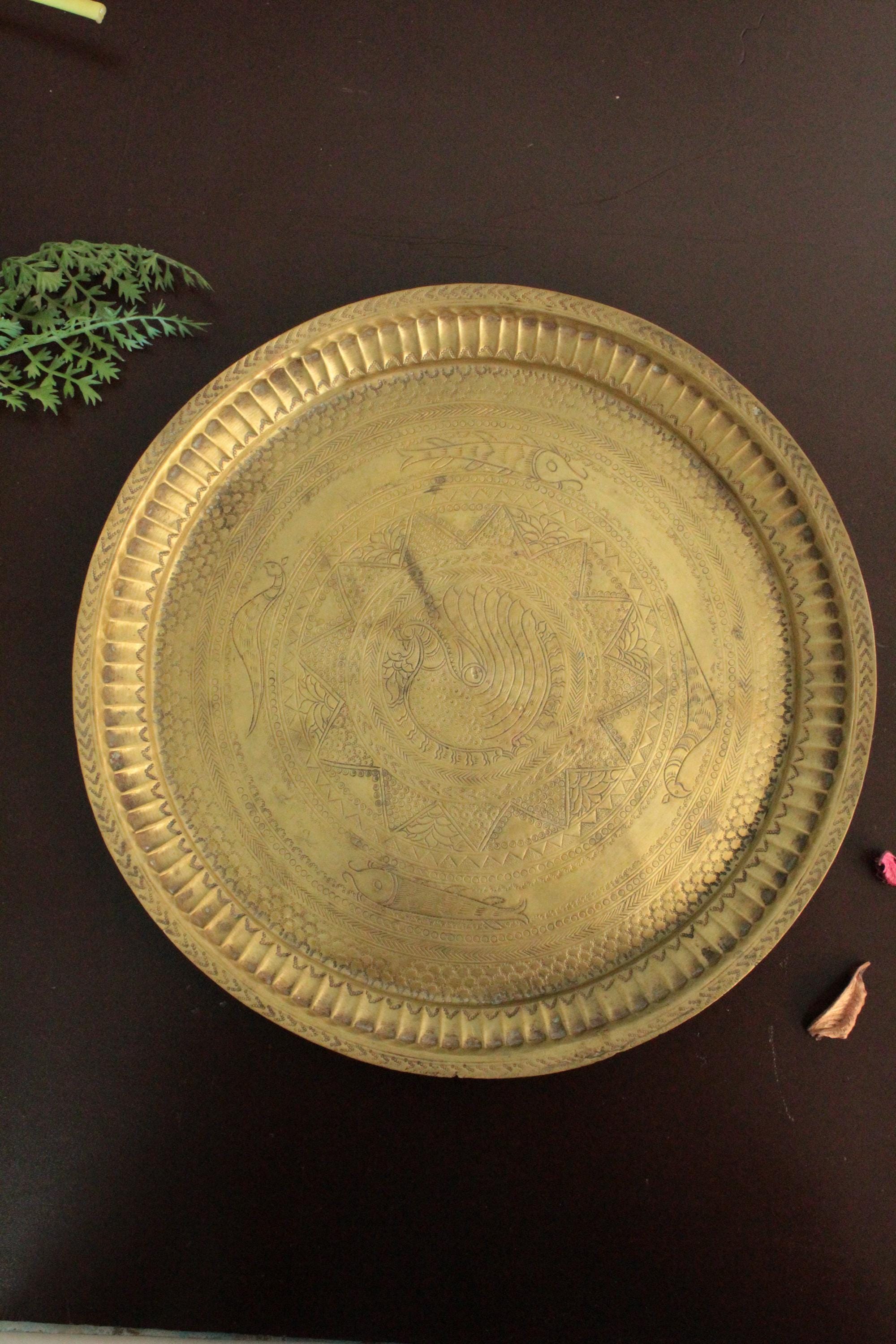 Vintage Brass Engraved Plate – Antique Brass Serving Plate for Vintage ...