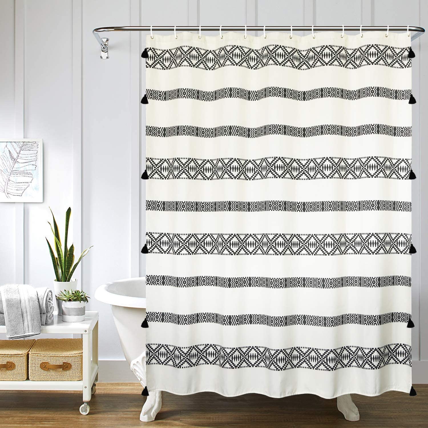 Farmhouse Fabric Boho Shower Curtain Black And Cream Geometric Etsy