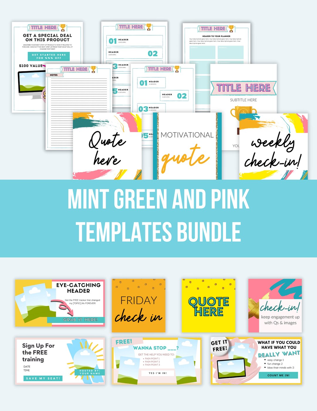Mint Green and Pink Canva Template Bundle Workbook Social Square Opt ...