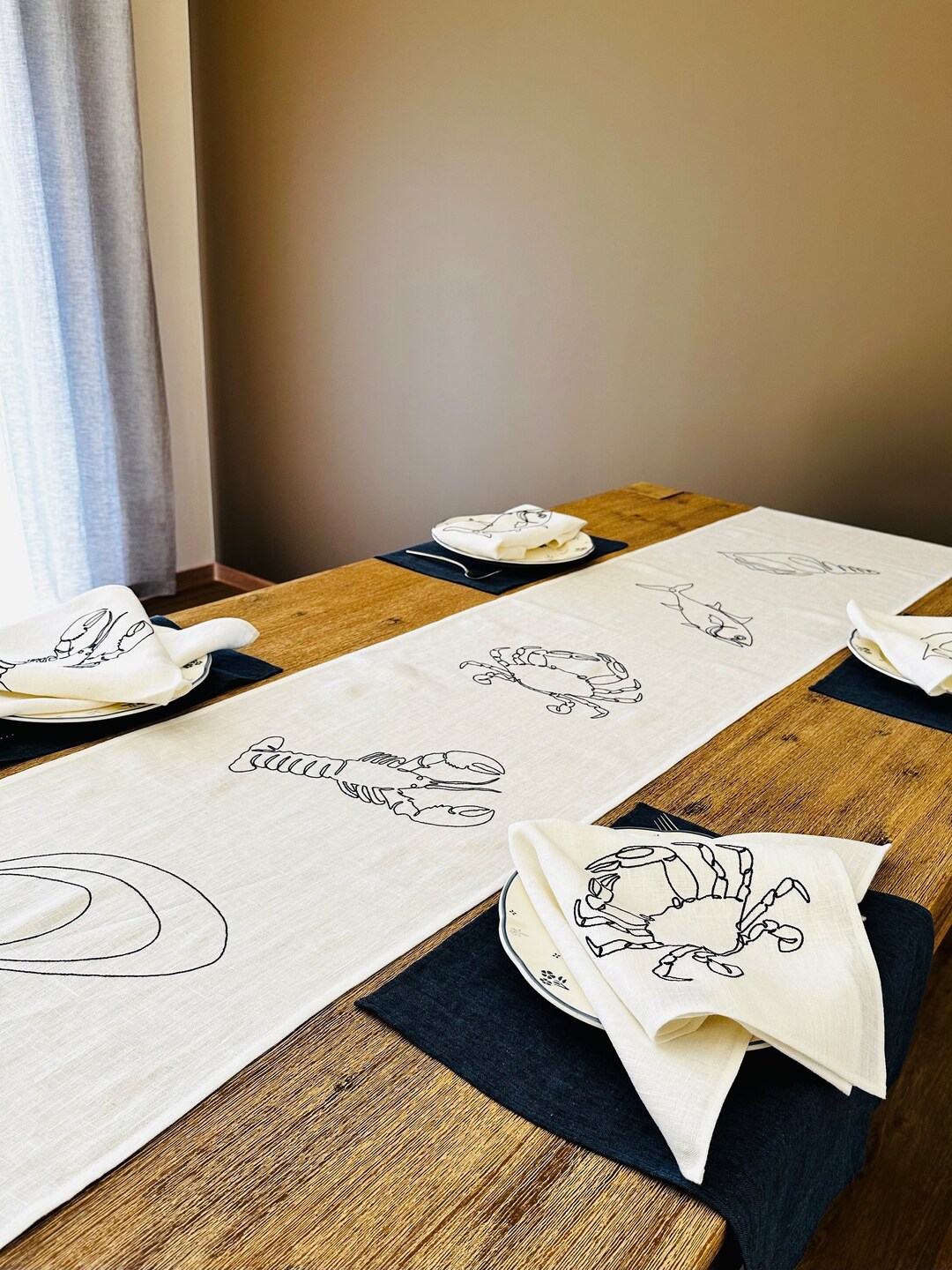 Linen Table Runner With Sea Animals Embroidery, Embroidered Table ...