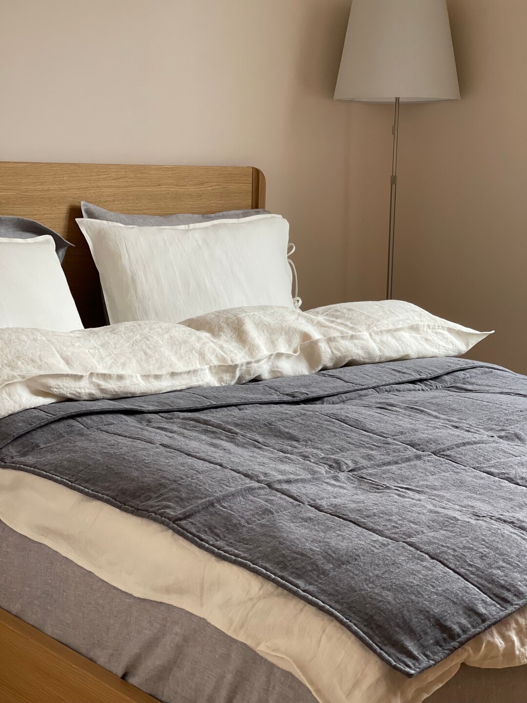 Linen Box Quilt, Salt & Pepper Bed Cover, European Flax - Etsy