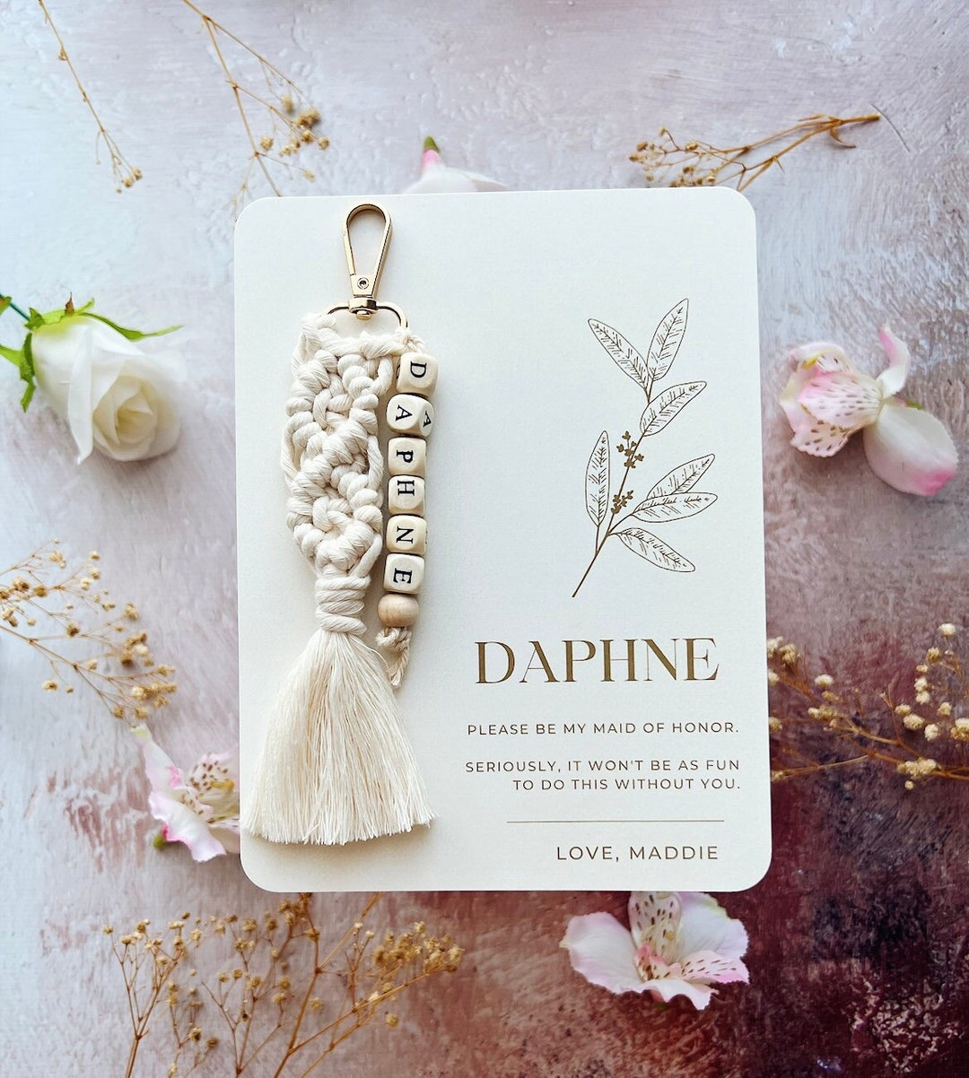 Personalized Bridal Shower Gift Macrame Keychain, Bridesmaid Proposal ...