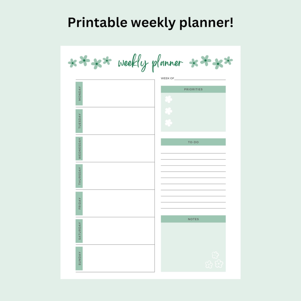 Printable Weekly Planner Green Flowers - Etsy