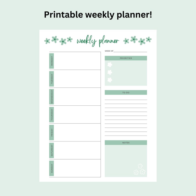 Printable Weekly Planner - Green Flowers - Etsy
