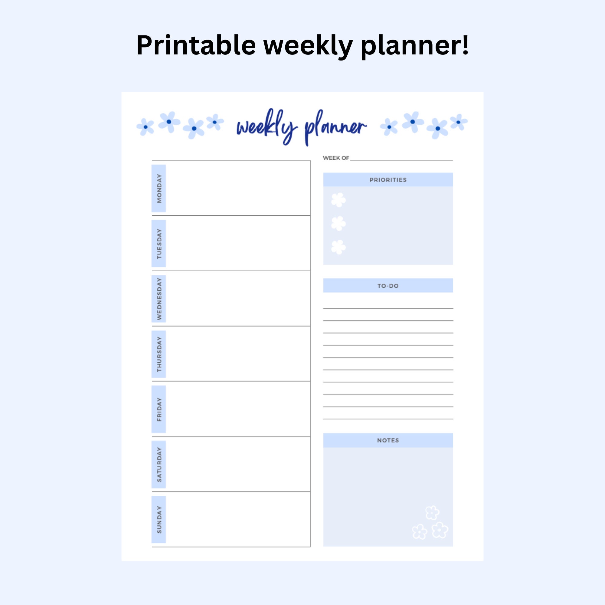 Printable Weekly Planner Blue Flowers - Etsy
