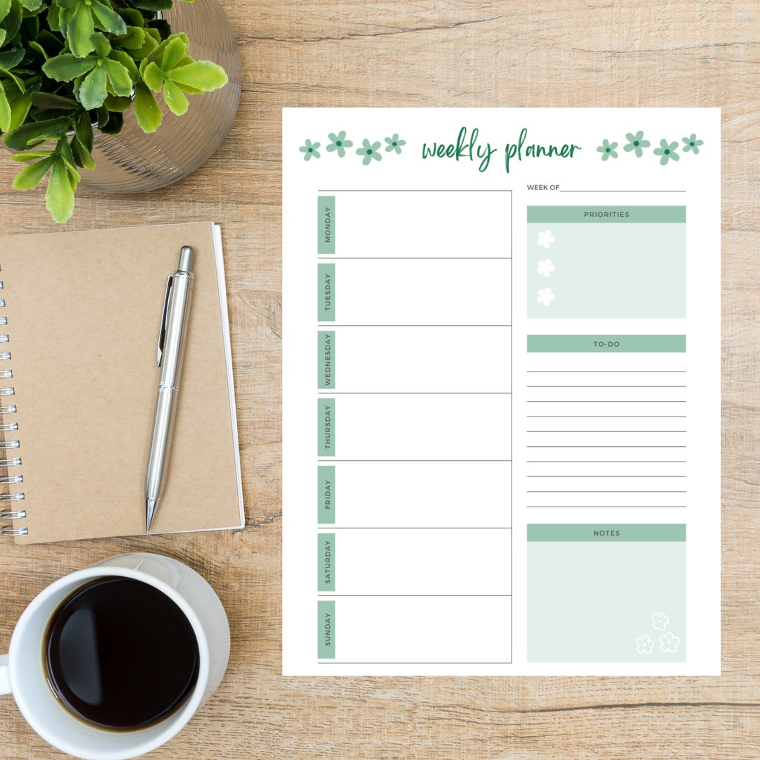Printable Weekly Planner - Green Flowers - Etsy