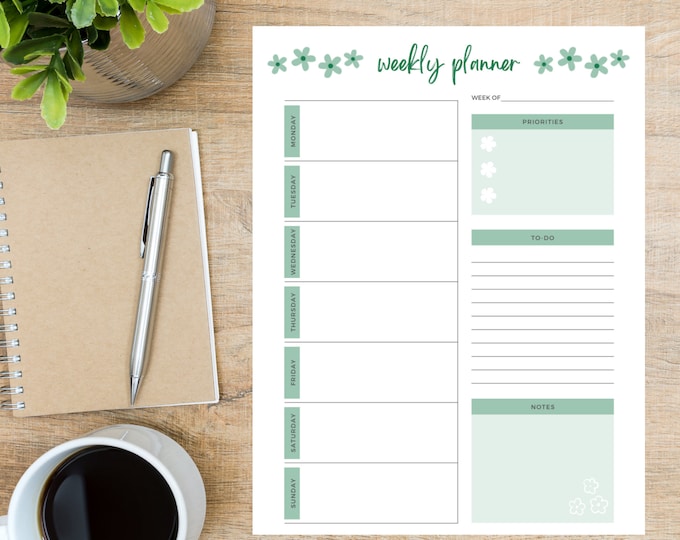 Printable Weekly Planner - Green Flowers - Etsy