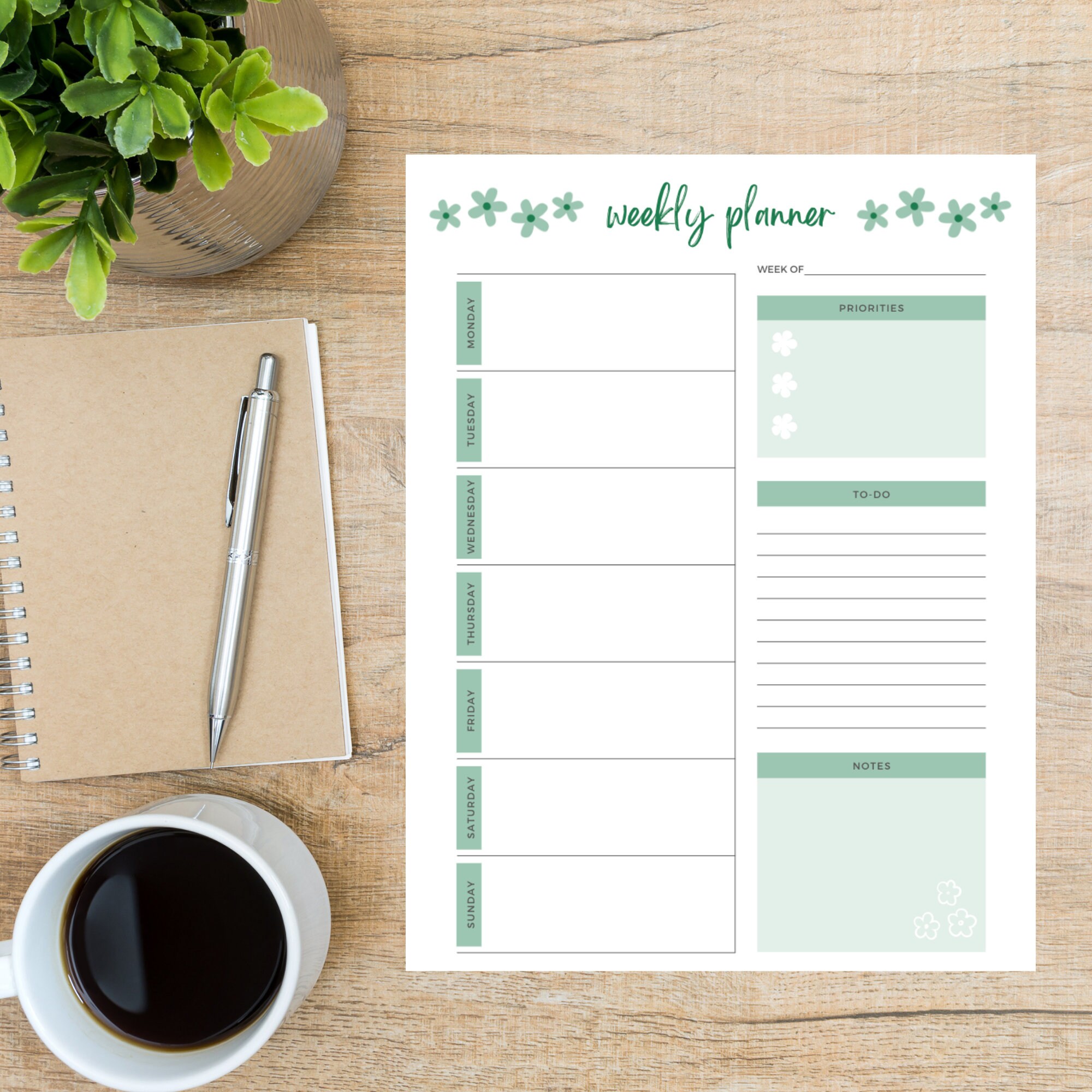 Printable Weekly Planner Green Flowers - Etsy