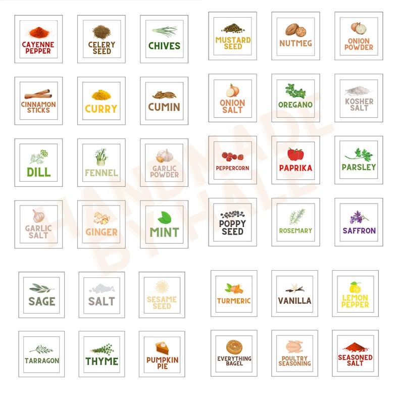 Modern Square Spice Labels, 55 Common Spices, Print at Home - Etsy