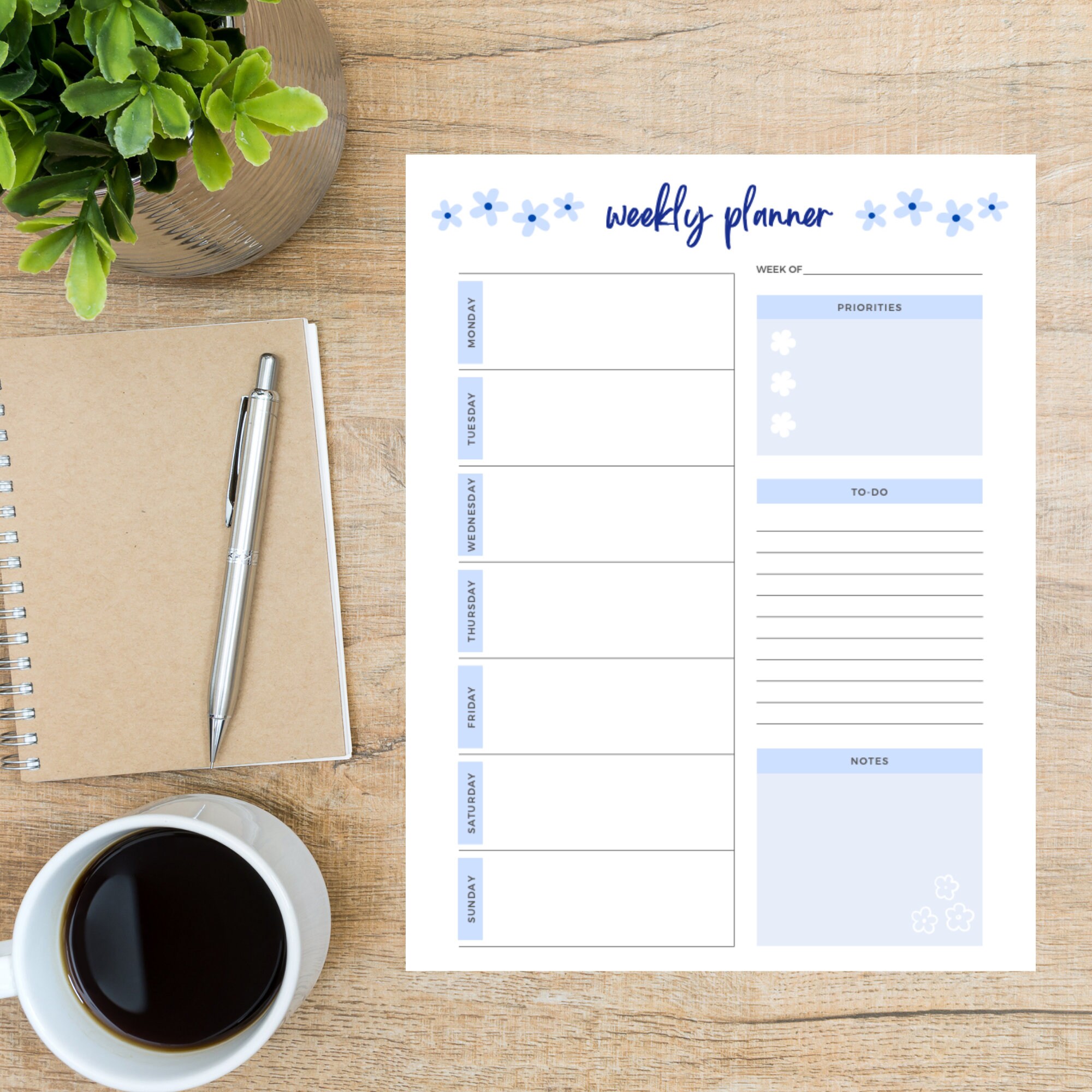 Printable Weekly Planner - Blue Flowers - Etsy