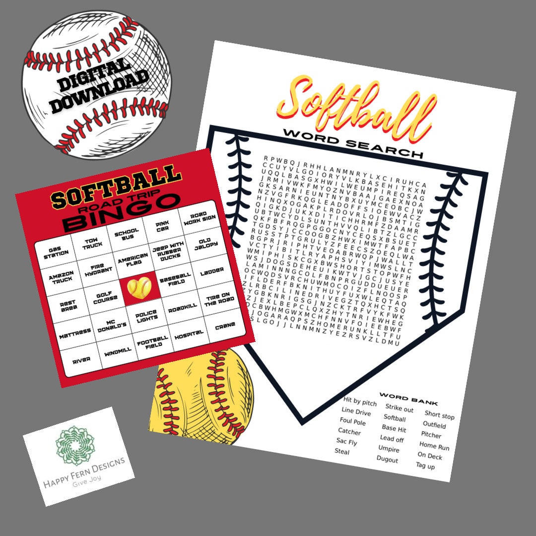 Softball Themed Word Search and Road Trip Bingo - Etsy