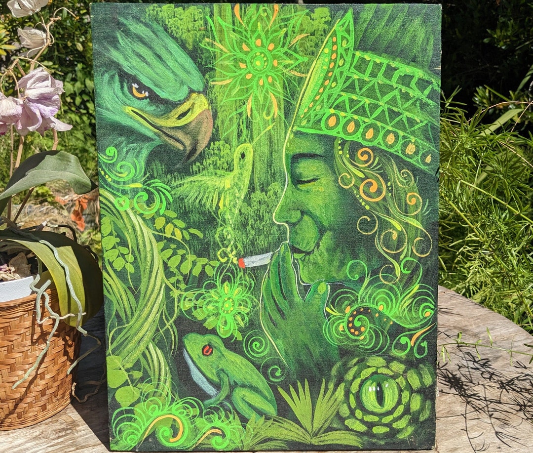 Shipibo Painting Ayahuasca Original - Green Eagle Frog Snake Mapacho ...