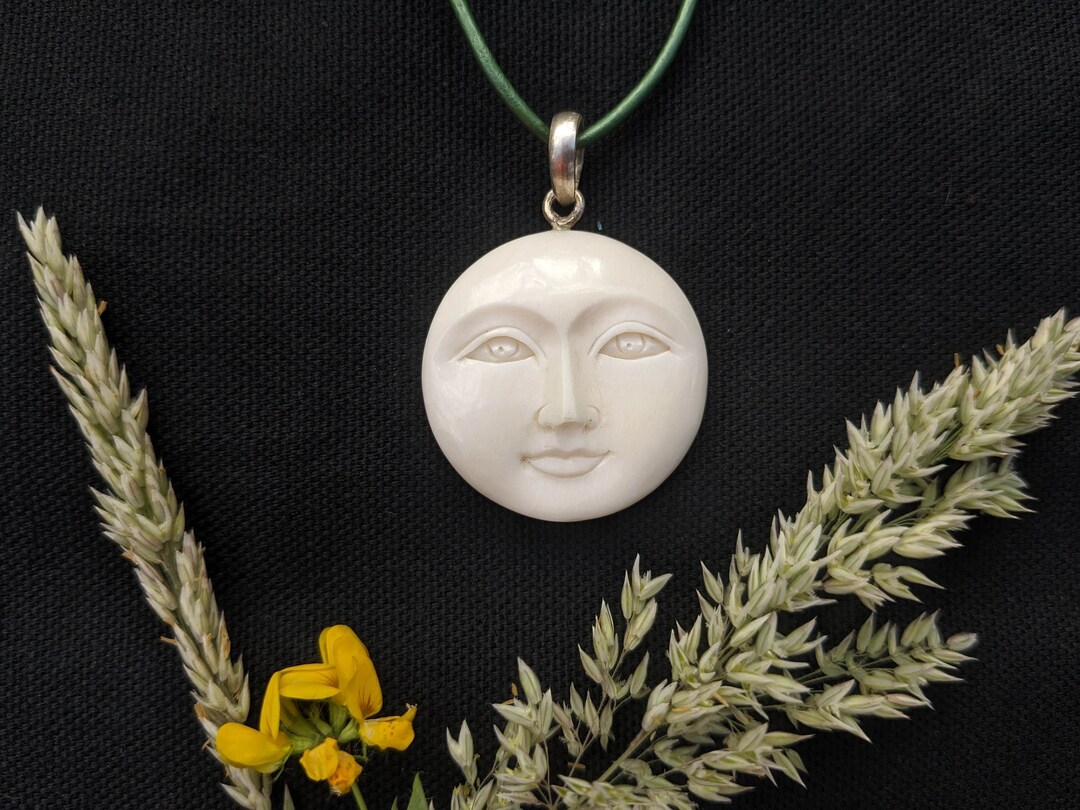 Full Moon Hand-carved Bone Pendant - Leather Cord - Simple White ...