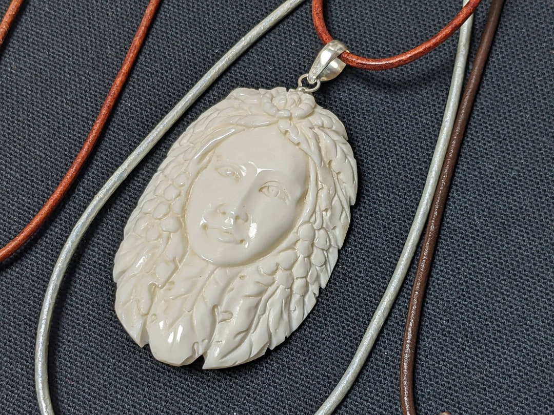 Gaia Forest Crone Goddess Nymph - Bone Carving Pendant Necklace - White ...
