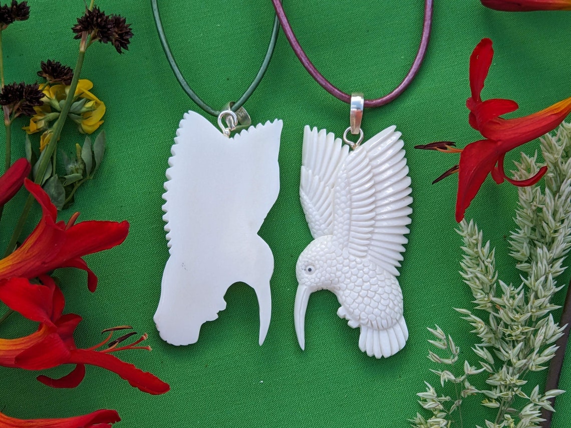 Hovering Hummingbird Hand-carved Bone Pendant - Leather Cord White ...