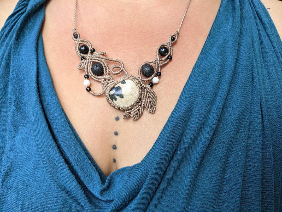 Peruvian Macrame Neutral Black Tan Brown White Stone Crystal Pendant ...