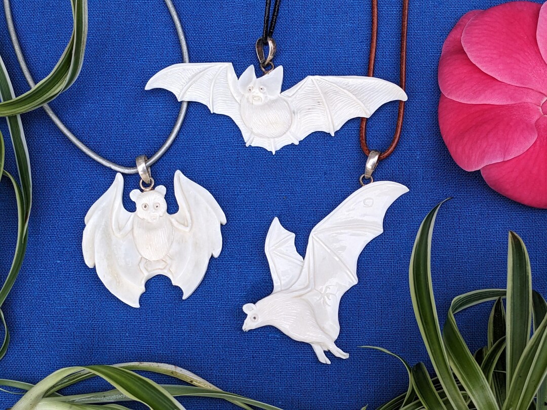 Bat Pendants Hand-carved From Bone - Leather Cord White Necklace ...