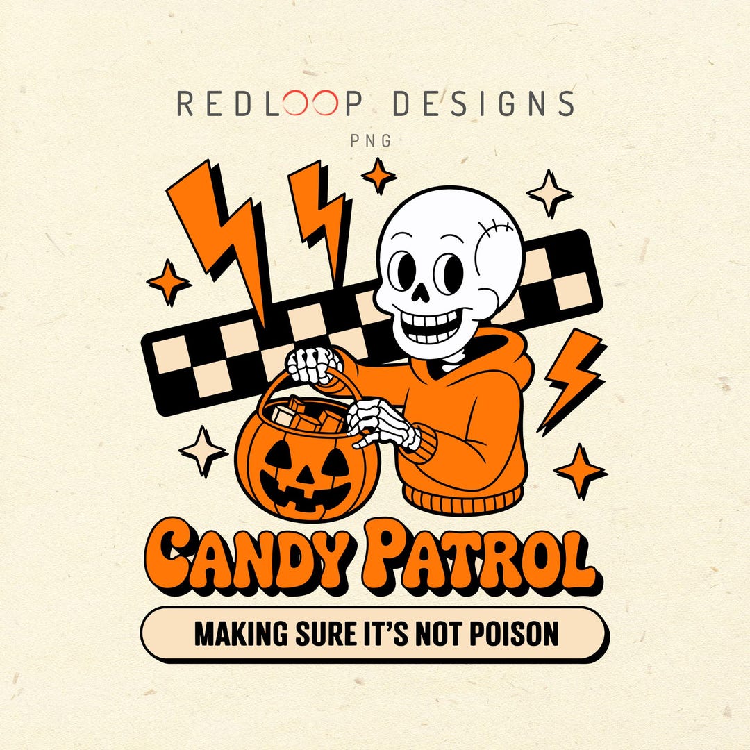 Candy Patrol PNG, Cheerful Skeleton Halloween, Retro Cute Pumpkin ...