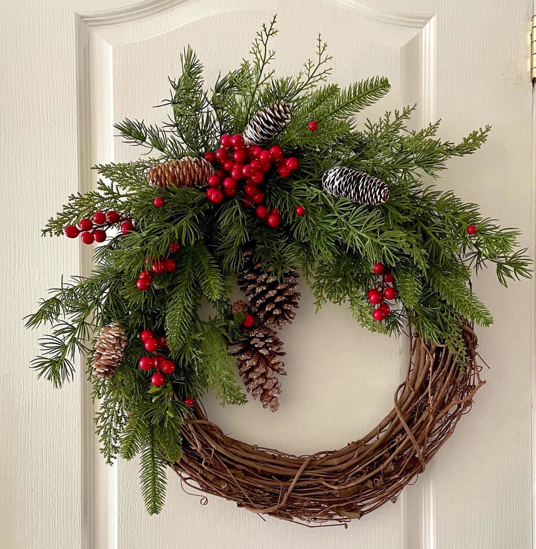 Christmas Front Door Wreath. Faux Evergreen Wreath. Rustic Wreath ...
